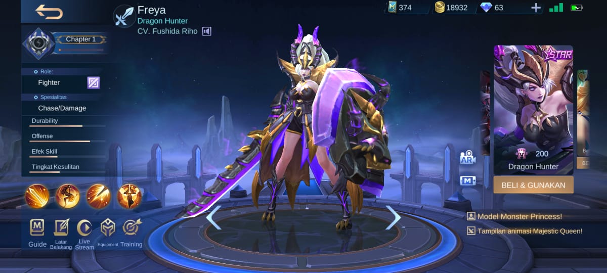 Price of the Freya Dragon Hunter Starlight Mobile Legends (ML) skin ...