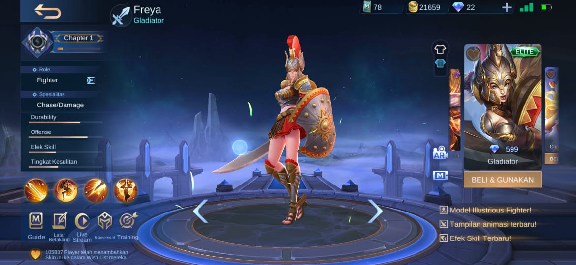 Prize Skin Freya Gladiator Elite Mobile Legends (ML) - Esports