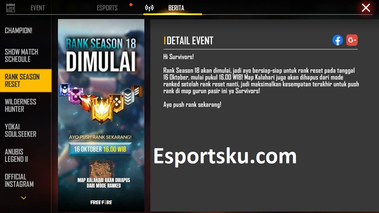 Ranked FF Season 18 Oktober 2020 di Free Fire – Esportsku