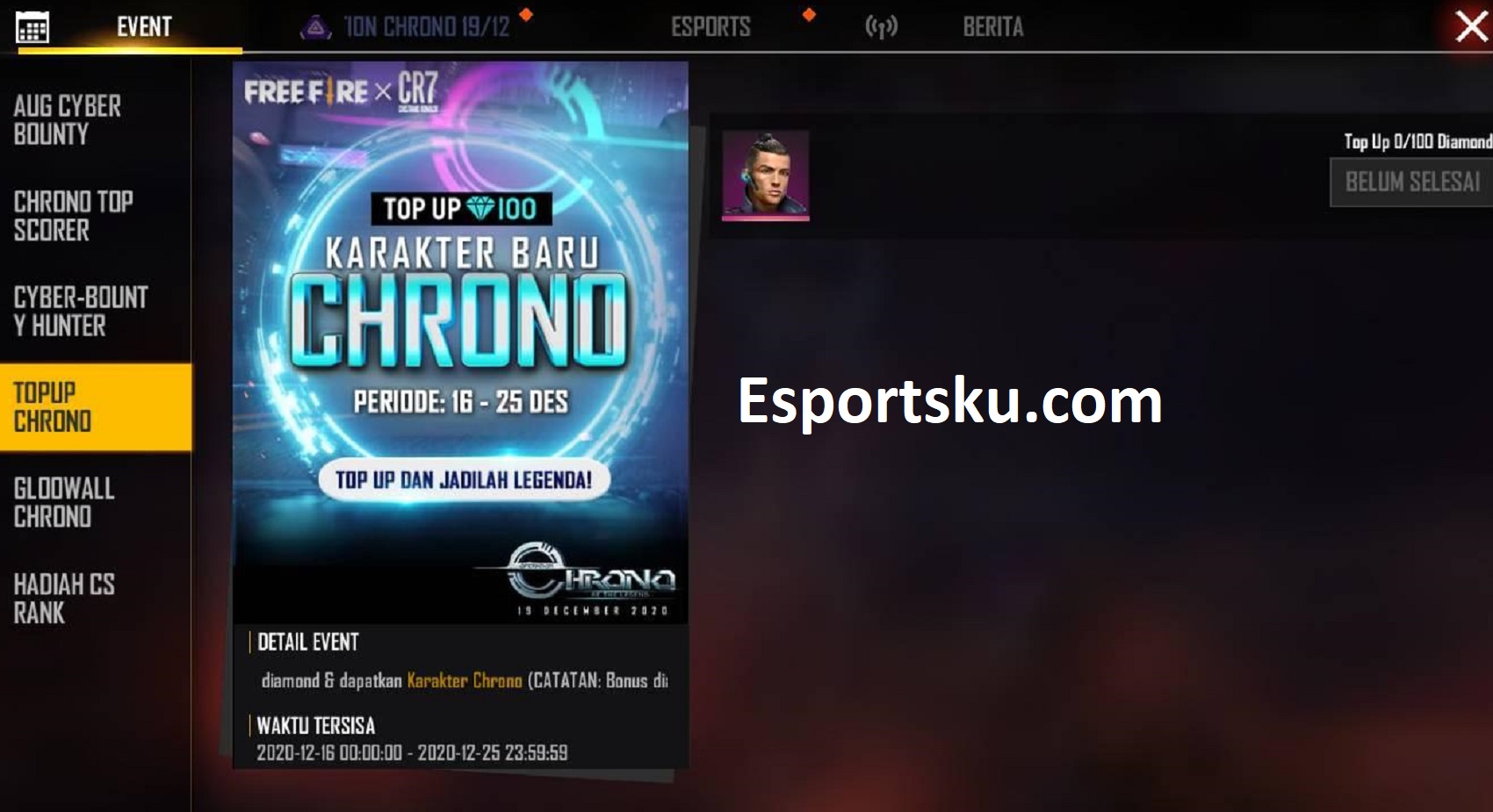 Top Up 100 Diamond FF Dapat Karakter Chrono Free Fire! – Esportsku