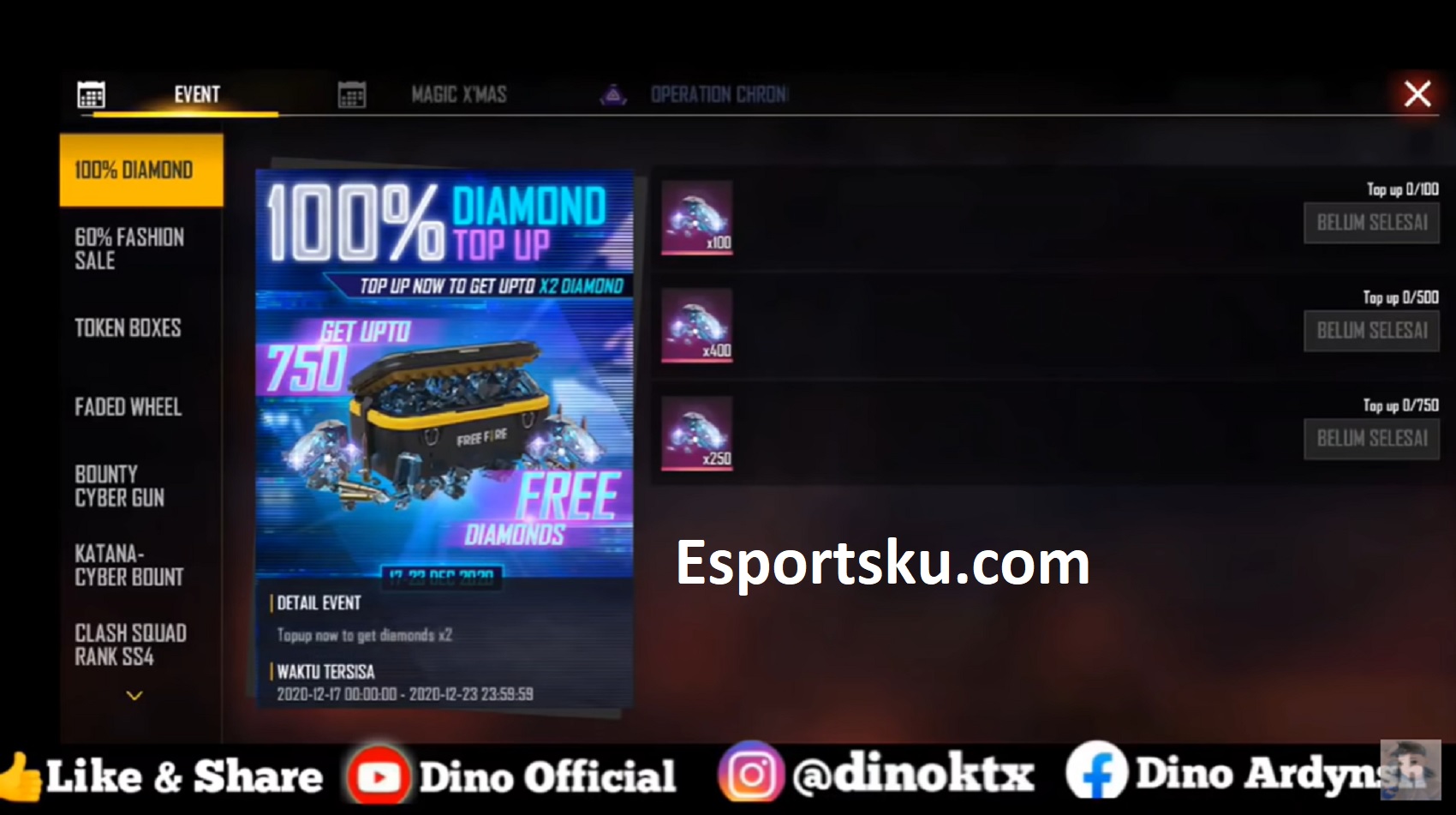 Event Bonus Top Up 100% Spesial Akhir Tahun 2020 Free Fire (FF) – Esportsku