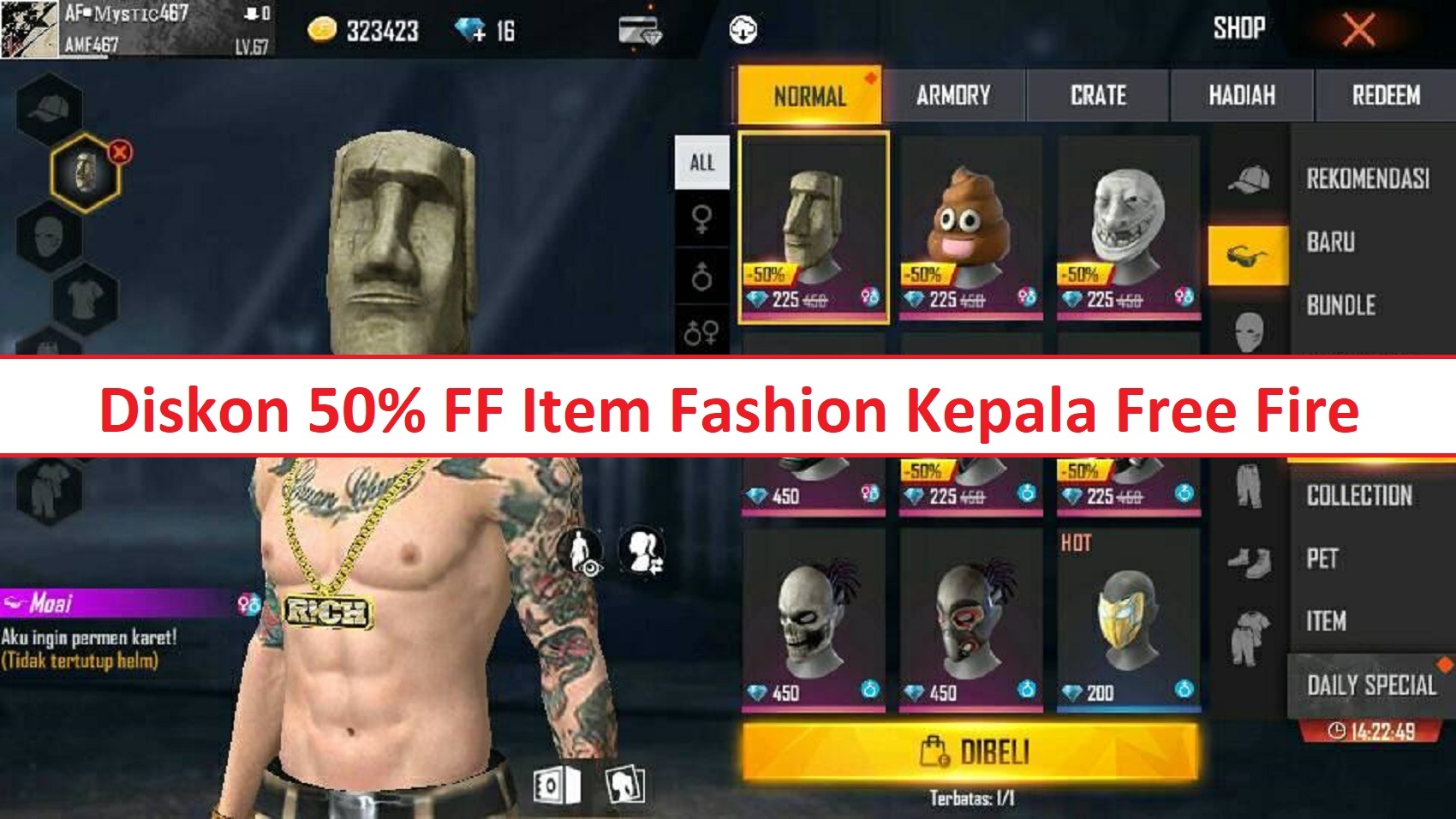 Diskon 50% FF Item Fashion Kepala Free Fire – Esportsku