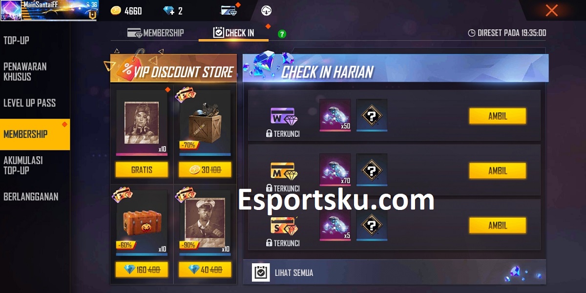 Bonus Hadiah Membership Free Fire (FF) Terbaru – Esportsku
