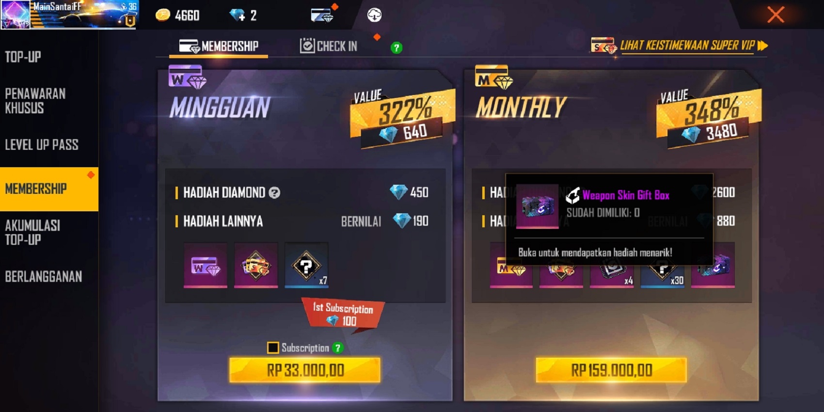 Bonus Hadiah Membership Free Fire (FF) Terbaru – Esportsku