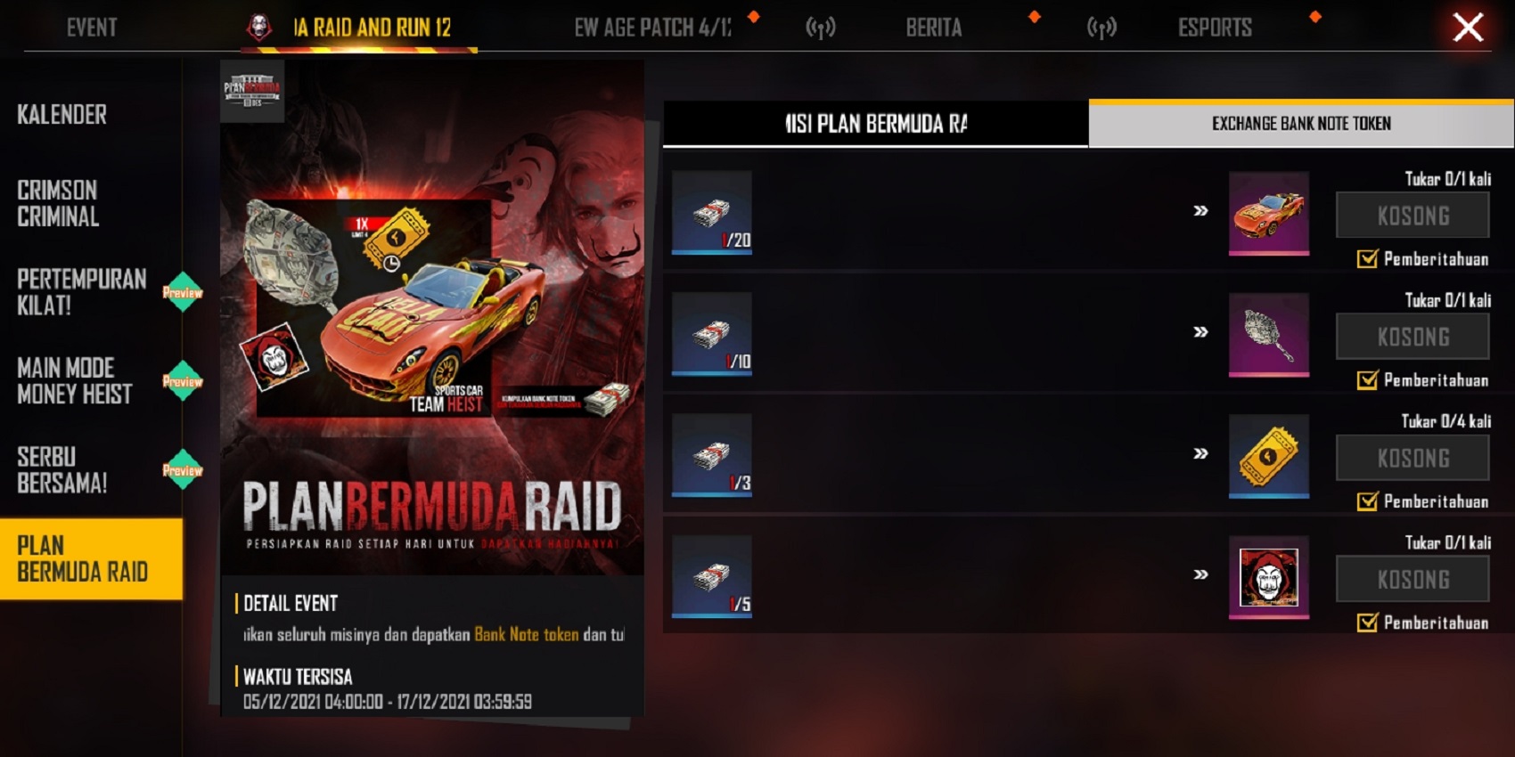Daftar Hadiah Exchange Plan Bermuda Raid Free Fire (FF) – Esportsku
