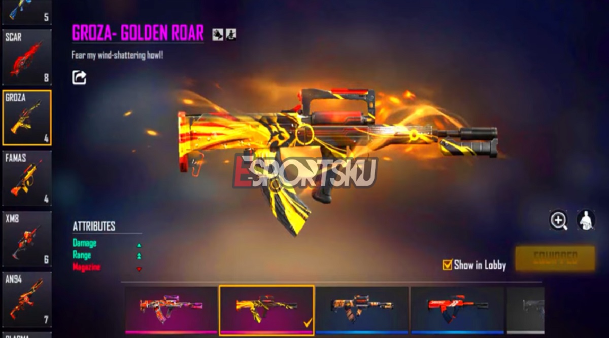 Harga Skin Groza Golden Roar Epic Free Fire (FF) – Esportsku