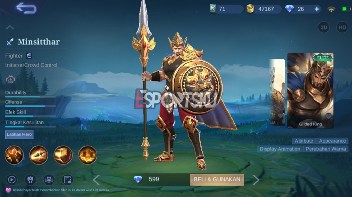 Prize Skin Minsitthar Gilded King Elite Mobile Legends (ML) - Esports