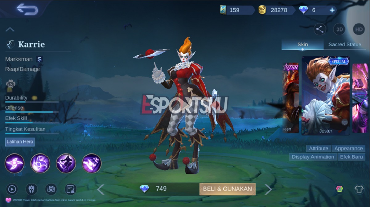 Harga Skin Karrie Jester Special Mobile Legends (ML) – Esportsku