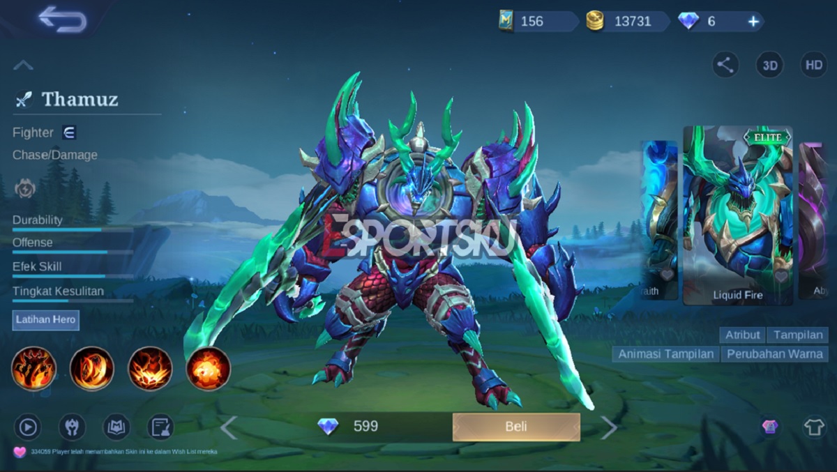Price of the Thamuz Liquid Fire Elite Mobile Legends (ML) Skin - Esports
