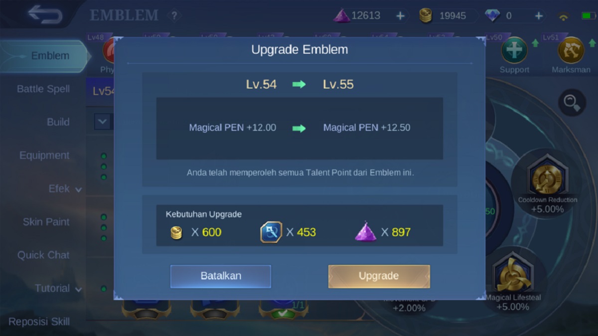 Biaya Upgrade Emblem Max Mobile Legends (ML) – Esportsku