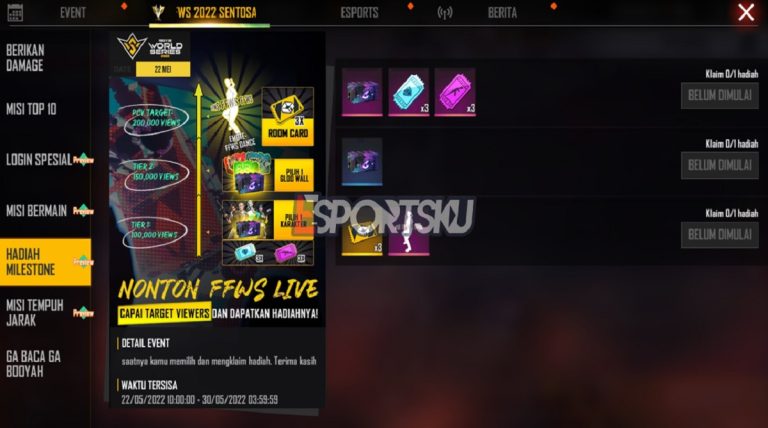 Hadiah Milestone Nonton Final FFWS Sentosa Free Fire (FF) – Esportsku