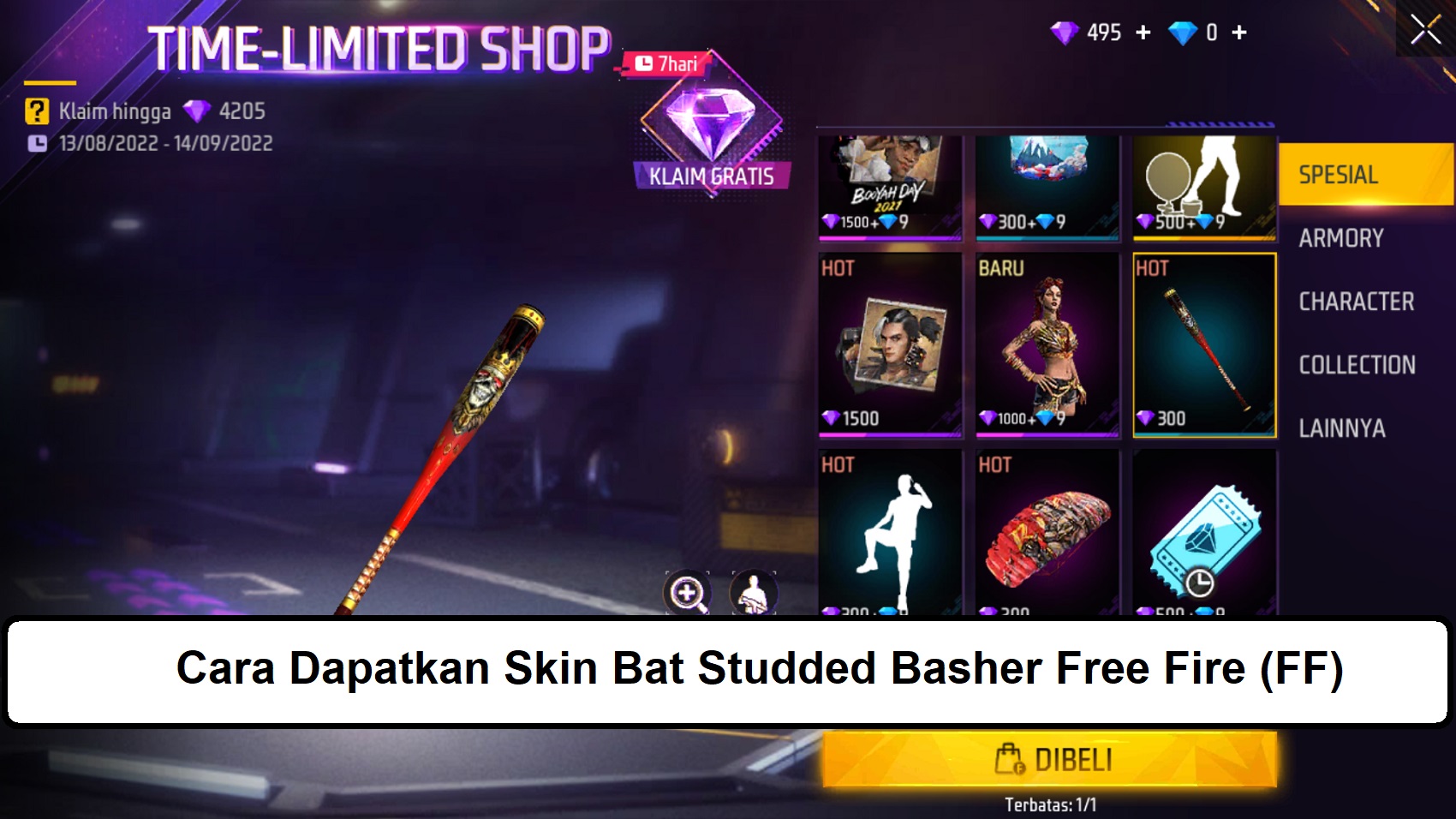 Cara Dapatkan Skin Bat Studded Basher Free Fire (FF) – Esportsku