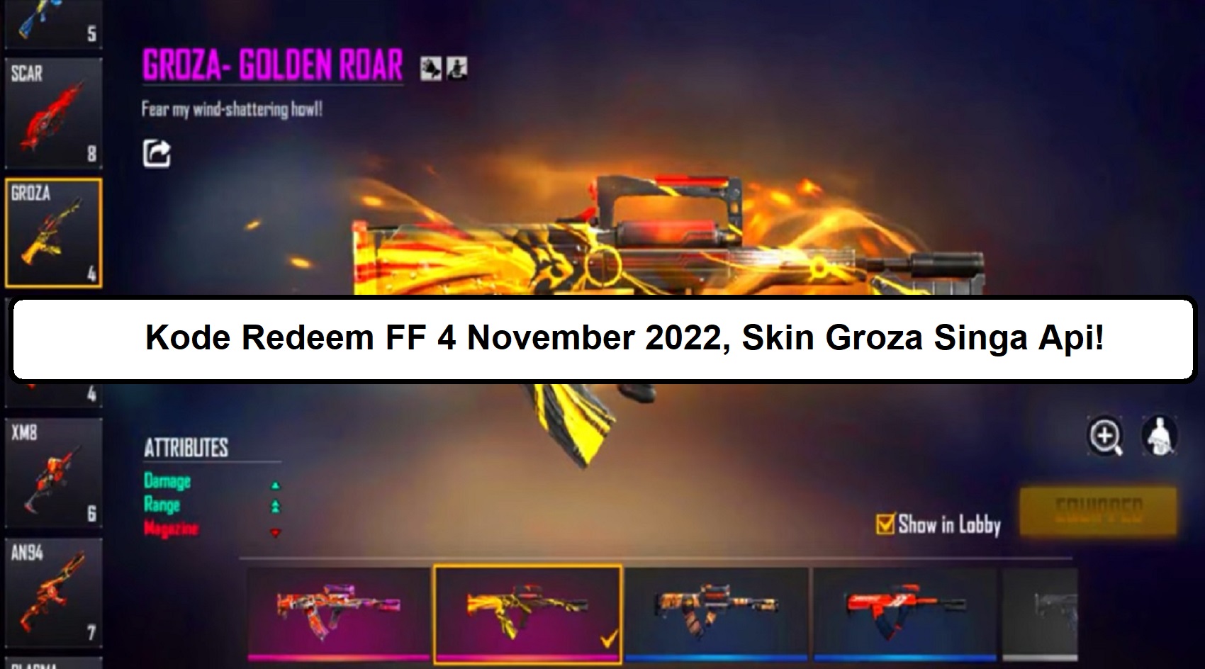Kode Redeem FF 4 November 2022, Skin Groza Singa Api! – Esportsku