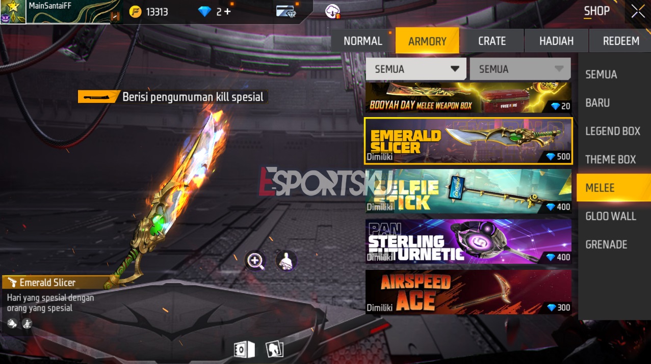 Harga Skin Machete Emerald Slicer Mythic Free Fire (FF) – Esportsku