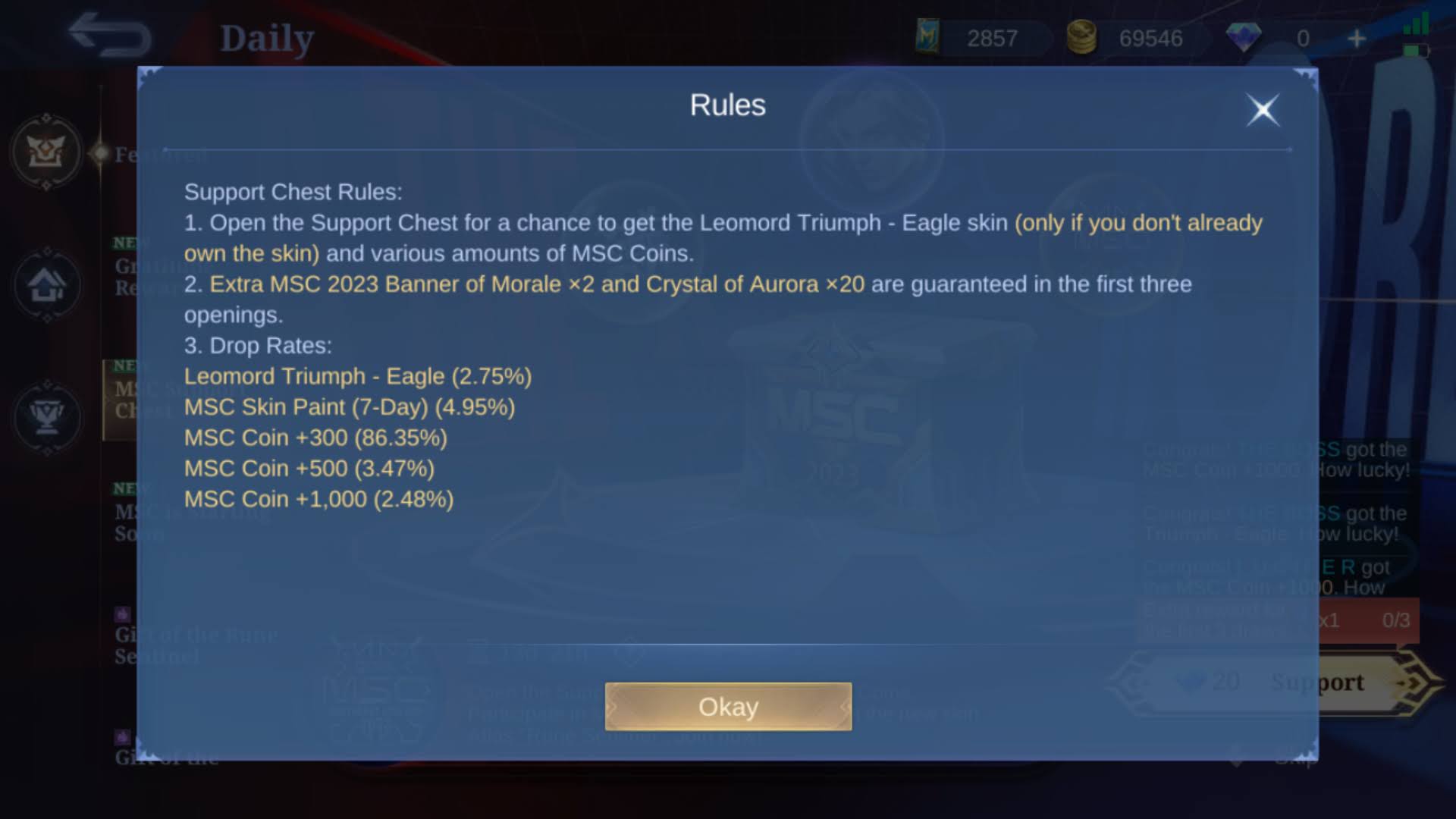 Drop Rate MSC Support Chest Leomord Mobile Legends (ML) - Esports