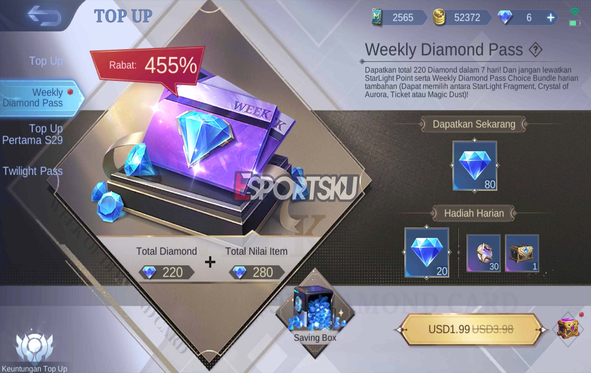Total Hadiah Weekly Diamond Pass Mobile Legends (ML) – Esportsku