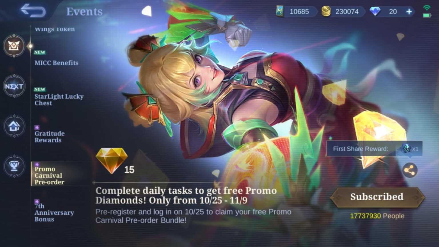 Hadiah Pre Register Promo Carnival 2023 Mobile Legends (ML) – Esportsku