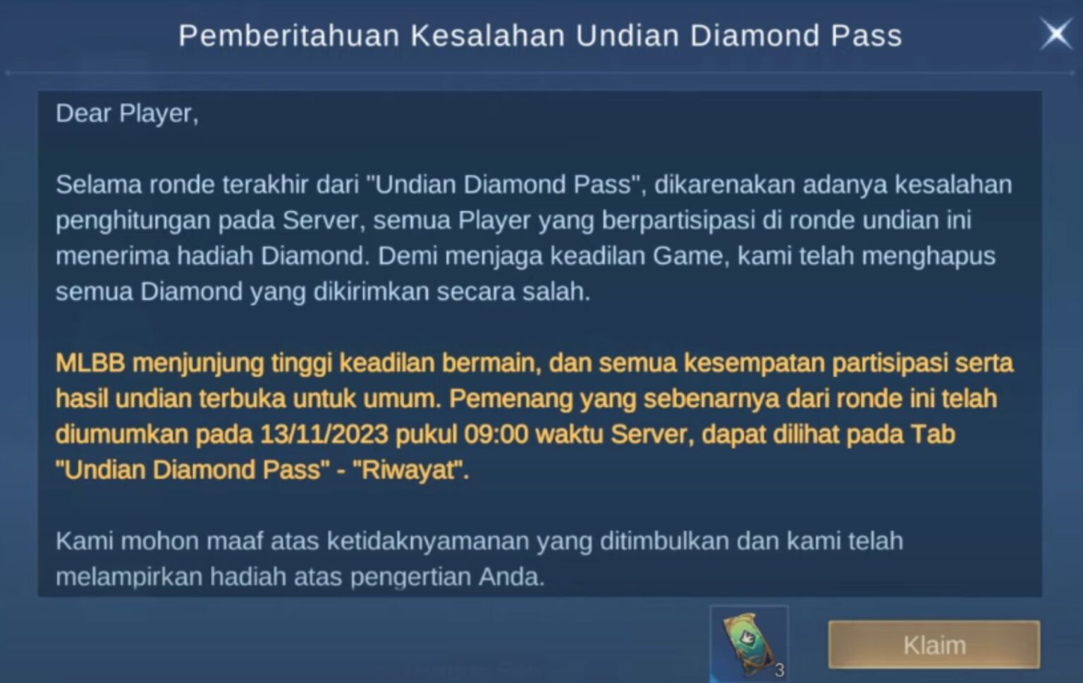 Kompensasi 5000 Diamond Undian Diamond Pass Mobile Legends (ML) – Esportsku