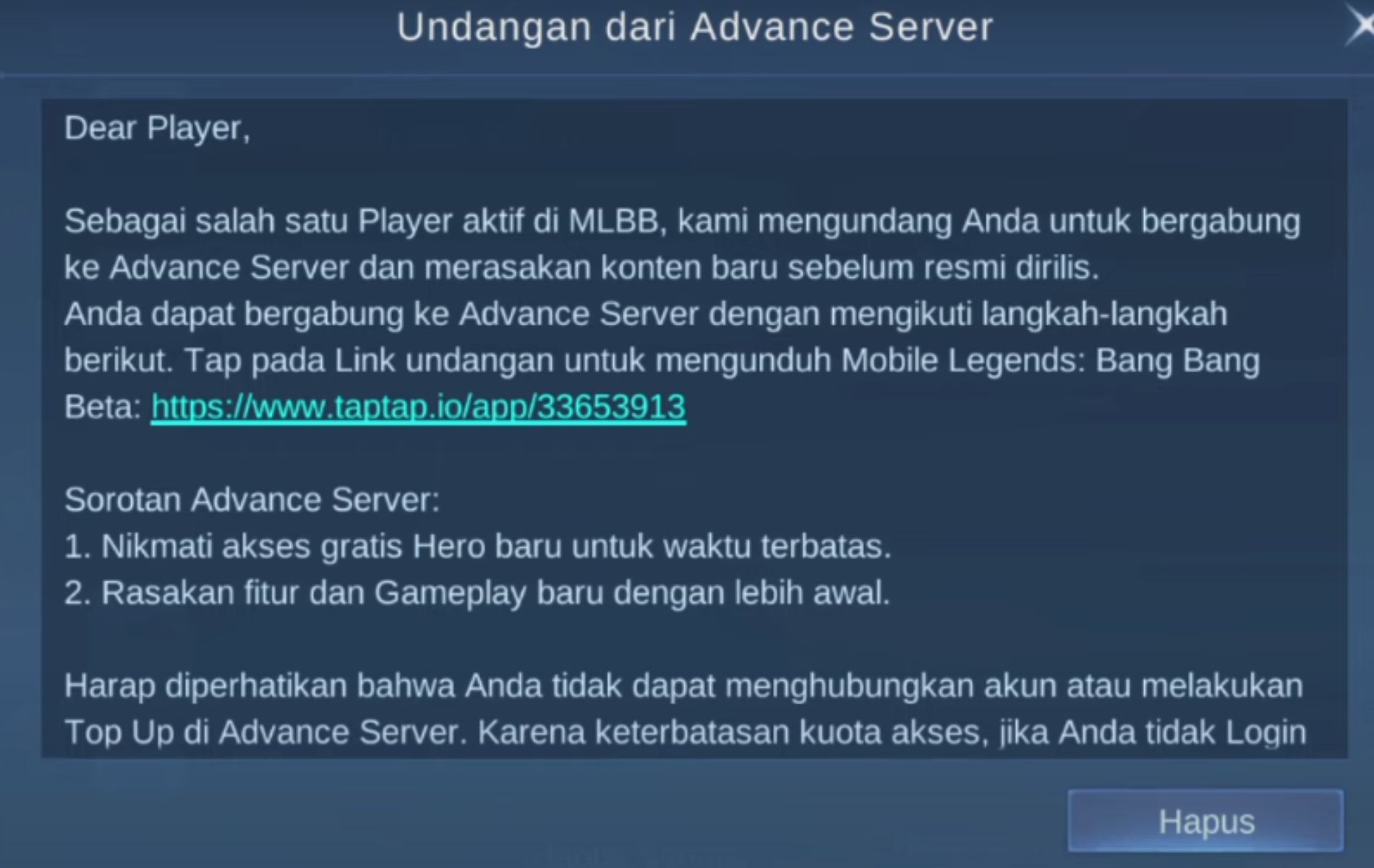 Cek Inbox Undangan Advance Server Mobile Legends (ML) – Esportsku