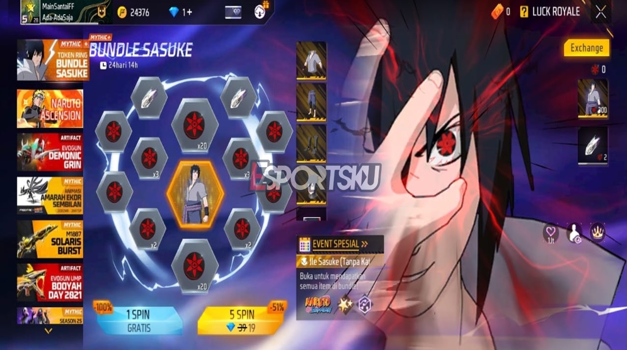 Kode Redeem Bundle Sasuke FF, Dapatkan Item Limited Kolaborasi Free Fire! – Esportsku